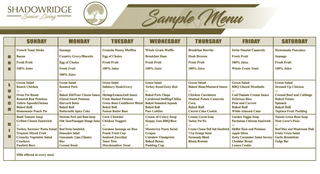 Sample Menu | Shadowridge Senior Living